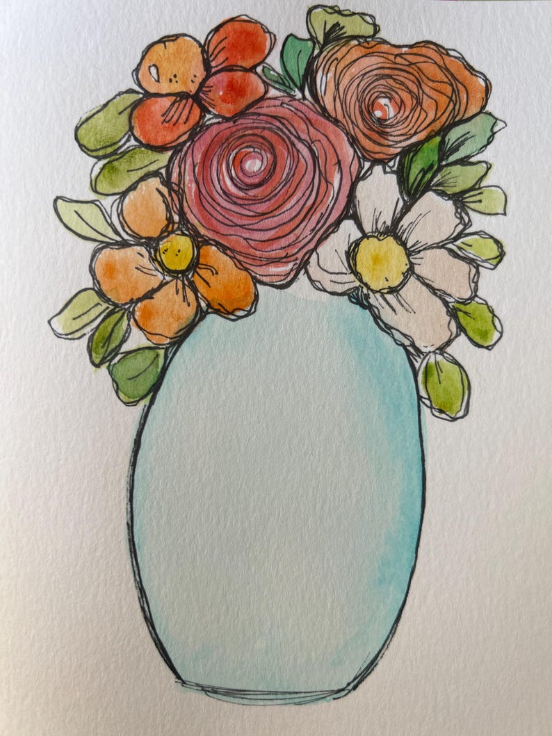 Hand-painted Floral Greeting Card, Watercolor Flower Vase - Etsy