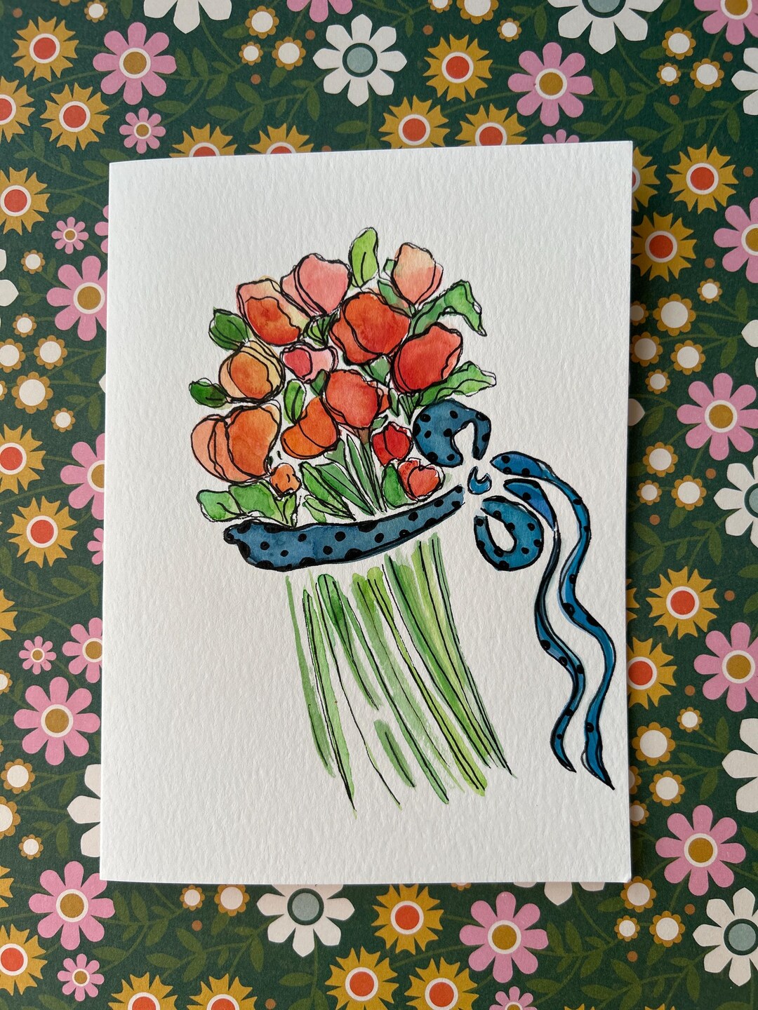 Bouquet of Flowers Card, Watercolor Flower Card, Homemade Greeting ...