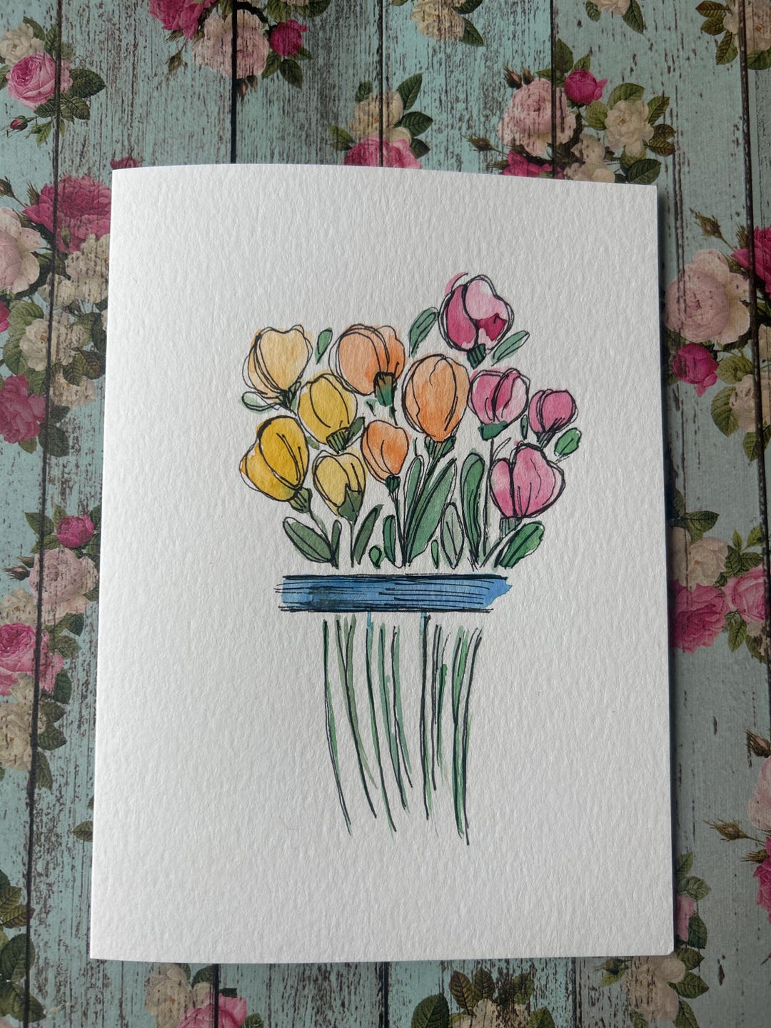 Bouquet of Flowers Card, Watercolor Flower Card, Homemade Greeting ...