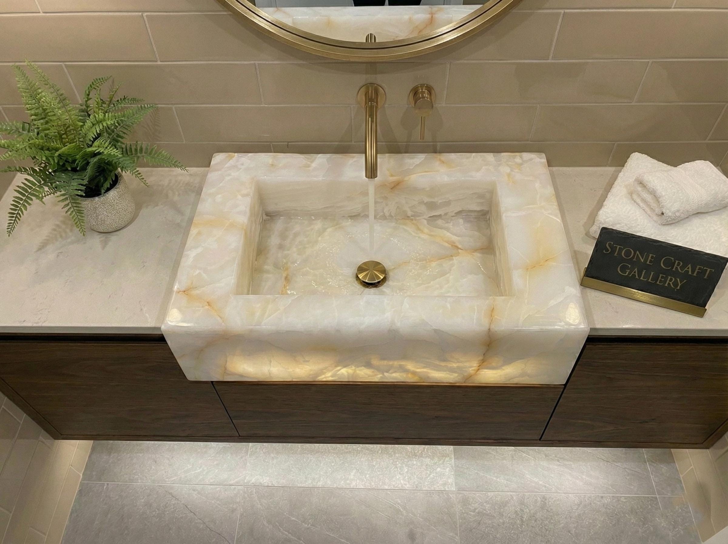 White Onyx Sink – Translucent Natural Stone Bathroom Basin – Modern ...