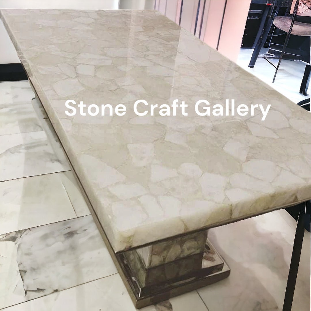 White Quartz Table Top Handmade Natural Stone Table Elegant Home Decor ...