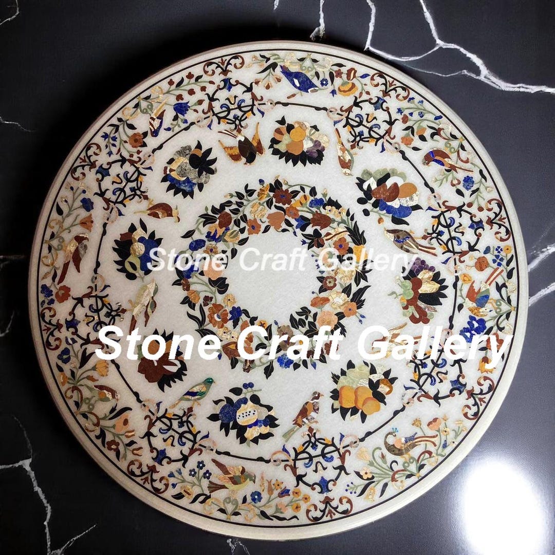 White Marble Center Table Top, Pietra Dura Inlay, Semi Precious Stone ...