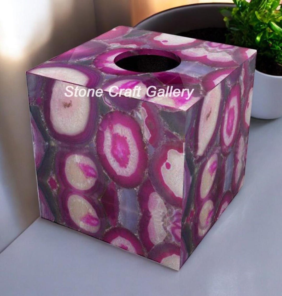 Pink Agate Tissue Box, Natural Stone Tissue Holder, Agate Bathroom ...