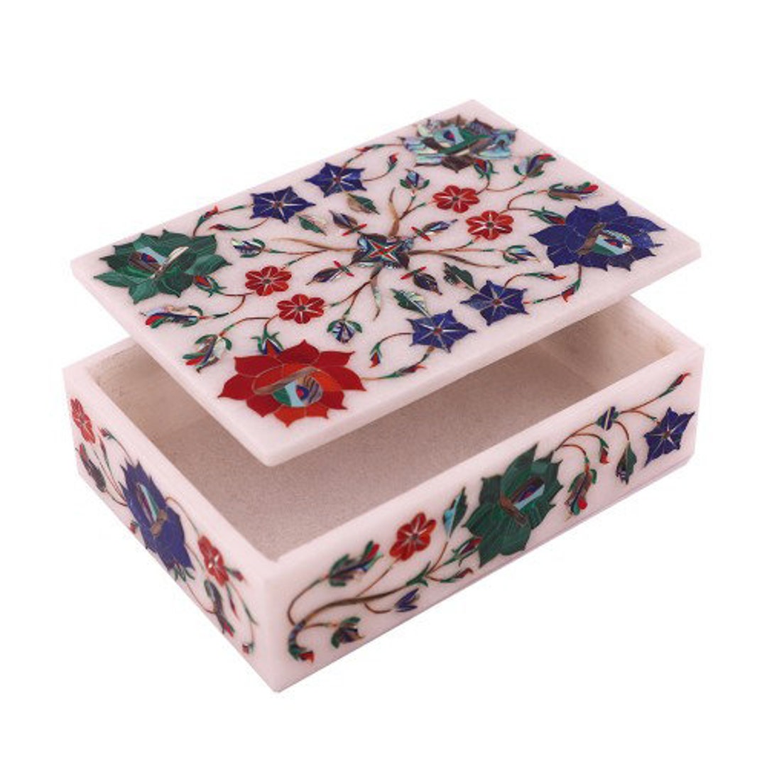 White Marble Jewelry Storage Box Marquetry Inlay Floral - Etsy