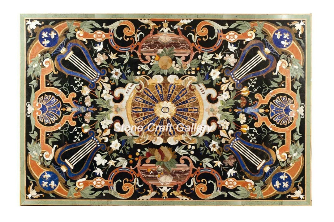 48 X 36 Black Marble Dining Table Top Multi Color Semi Precious Stone ...