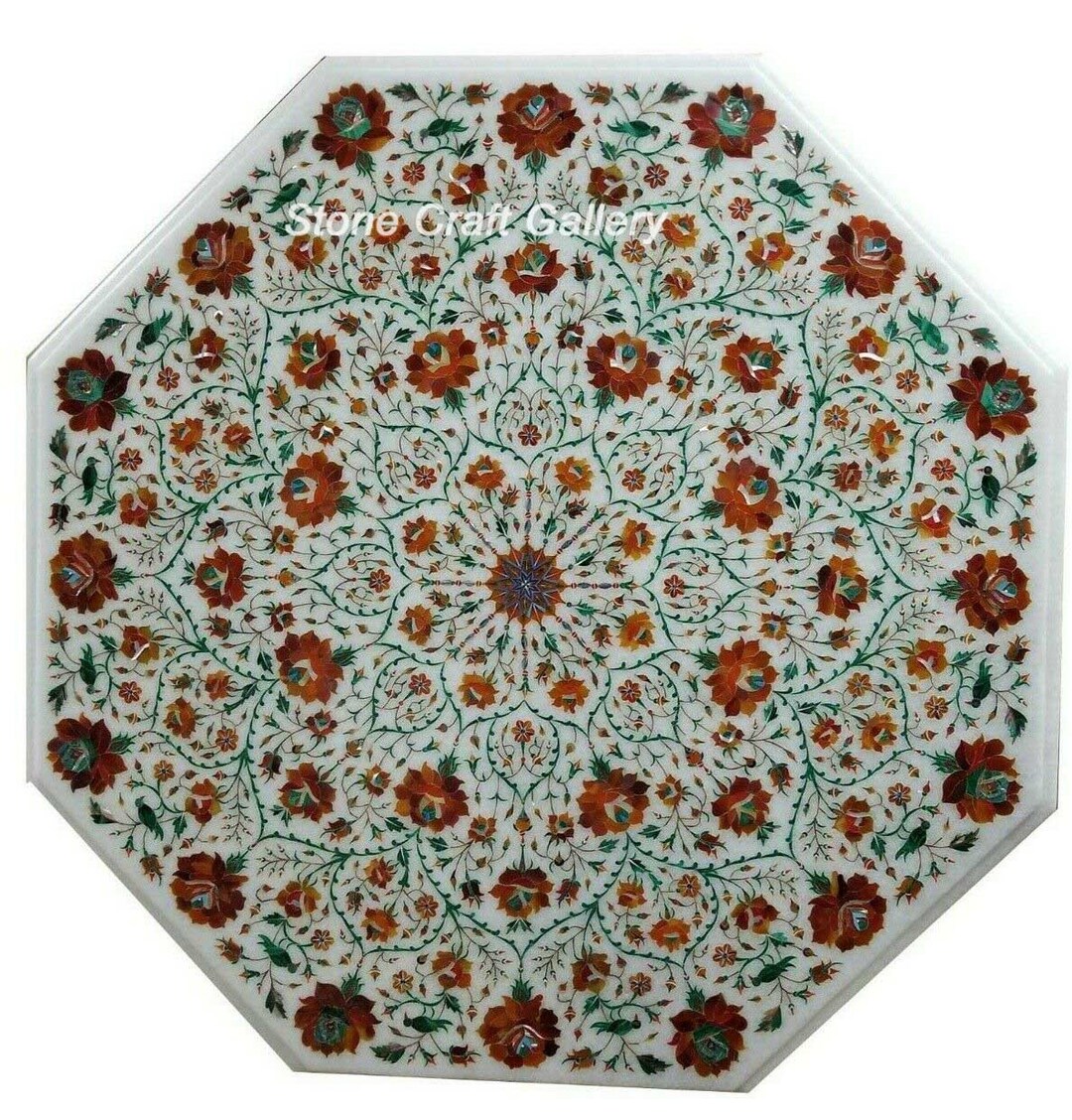 Round Marble Table Top Semi Precious Stone Inlay Work Art Handmade Home ...