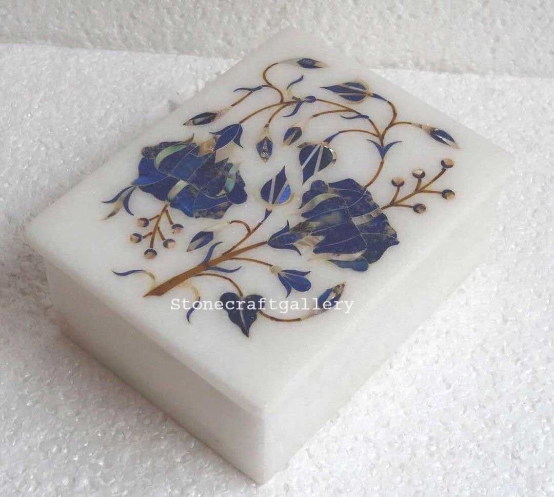4 X 3 X 2 Marble Jewelry Ring Box Semi Precious Stones Lapis Floral ...