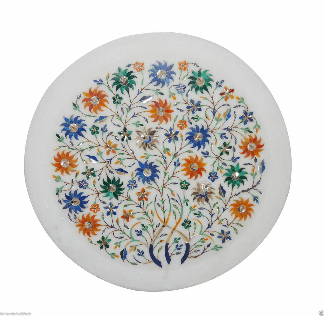 14 Marble White Serving Plate Handmade Floral Inlay Precious Gemstones ...