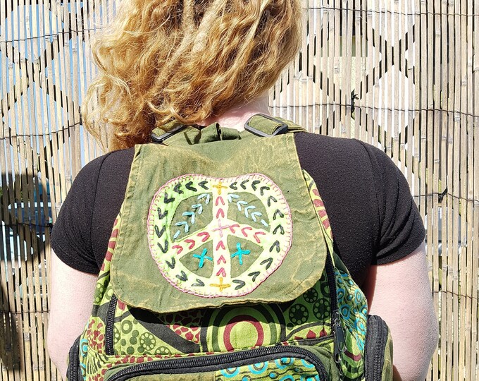 Peace Patchwork Backpack, Cotton Stonewash Flower Rucksack, Hippy Bohemian, Red Blue Pink Purple ...