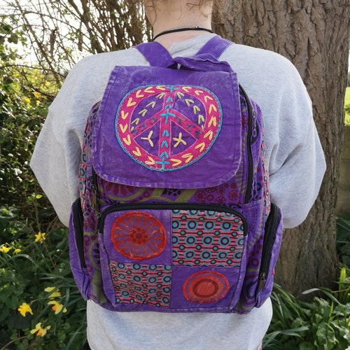 Peace Patchwork Backpack Cotton Stonewash Flower Rucksack - Etsy