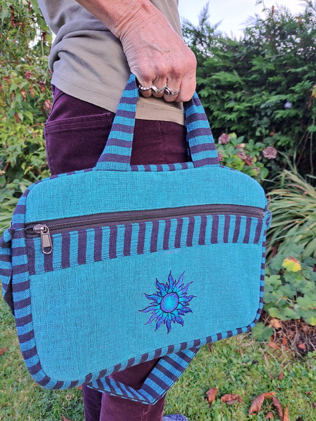 Stripe Laptop Bag, Sun Embroidery Design, Blue Black, - Etsy