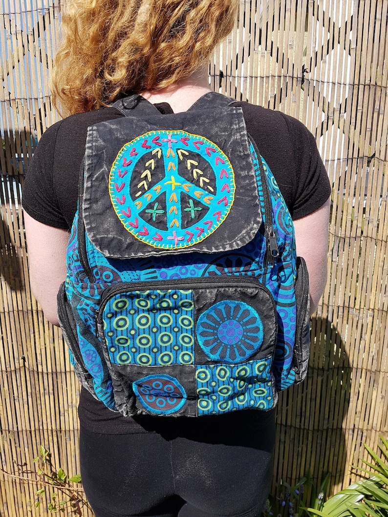 Peace Patchwork Backpack Cotton Stonewash Flower Rucksack - Etsy