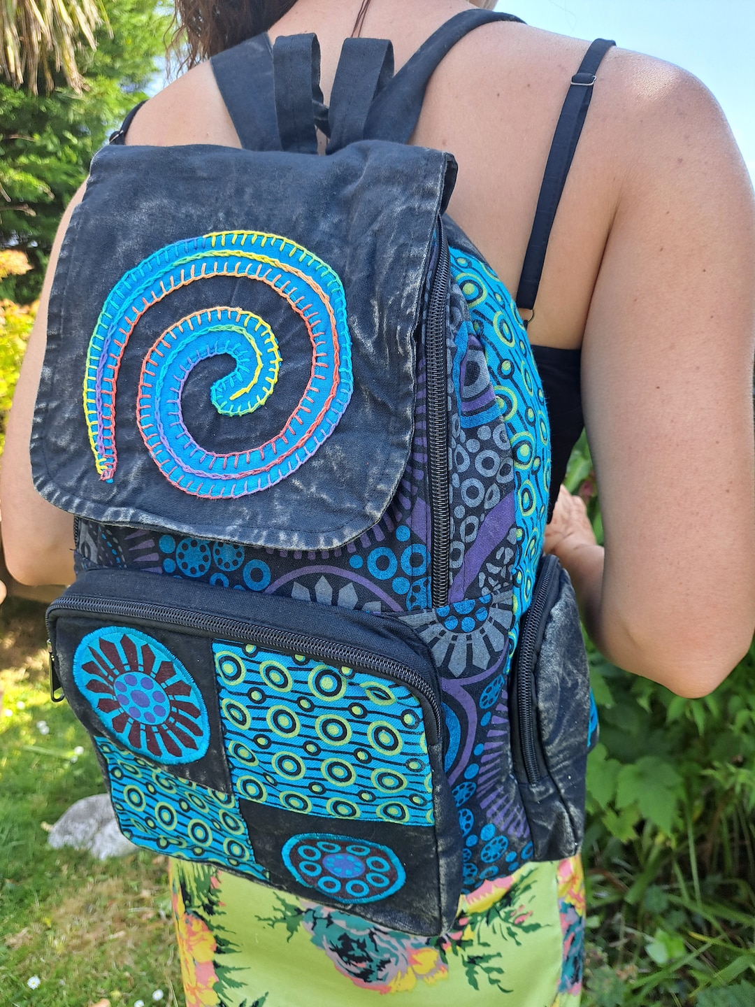 Spiral Patchwork Backpack, Cotton Stonewash Flower Rucksack, Hippy ...