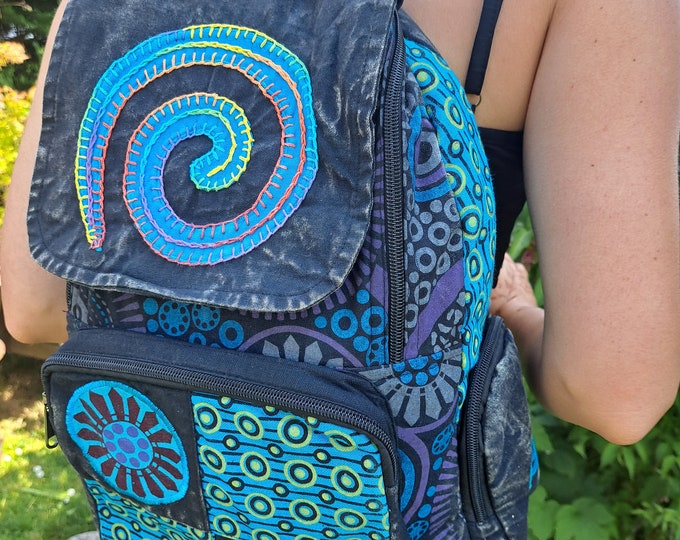 Spiral Patchwork Backpack, Cotton Stonewash Flower Rucksack, Hippy ...