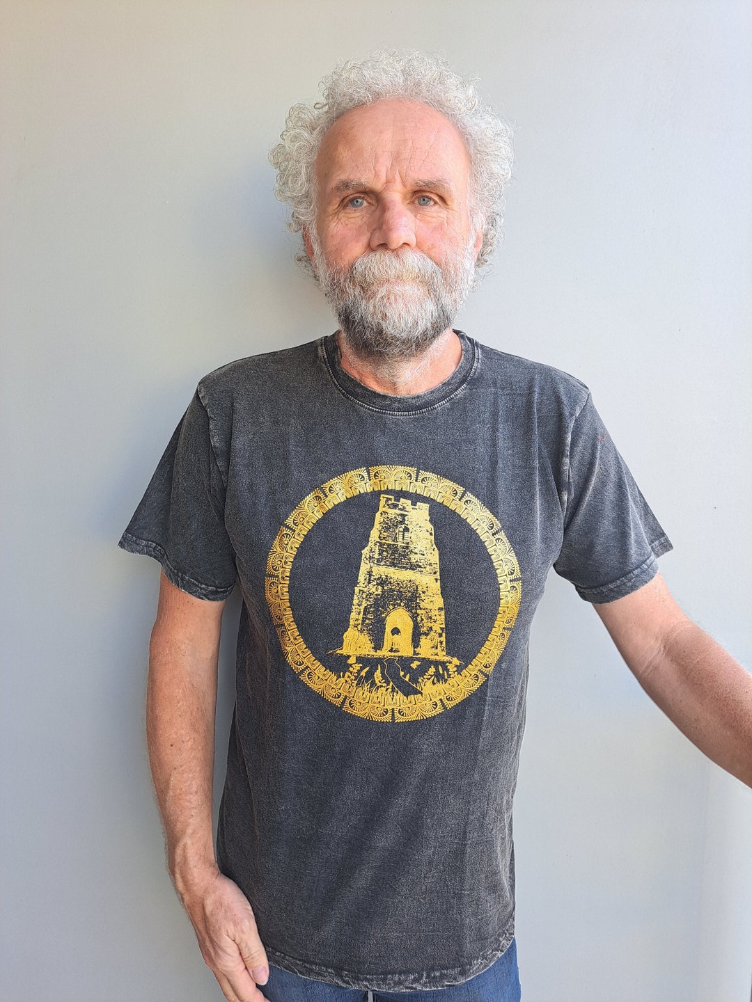 Men’s Glastonbury Tor T-shirt – Gold Print Spiritual Tee – Festival ...