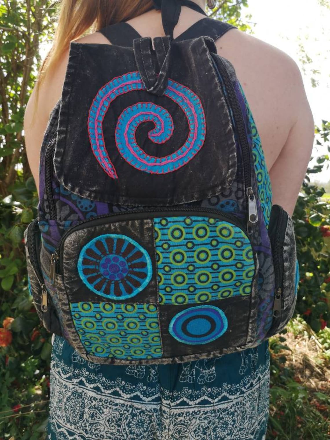 Spiral Patchwork Backpack Cotton Stonewash Flower Rucksack | Etsy