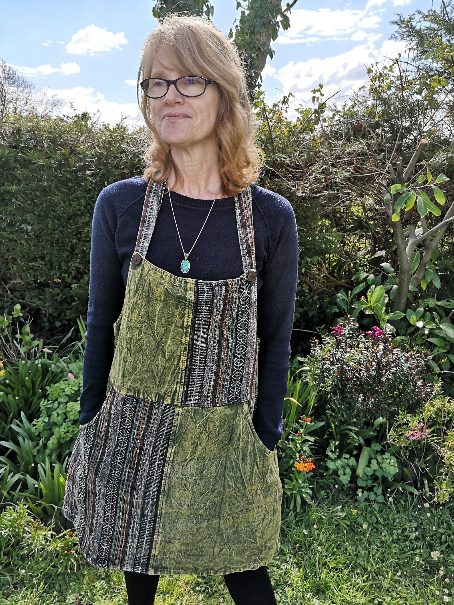 Two Tone Stonewash Pinafore, Stripe Woven Pattern Pinafore Dress, Red ...