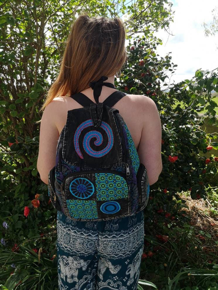 Spiral Patchwork Backpack, Cotton Stonewash Flower Rucksack, Hippy ...