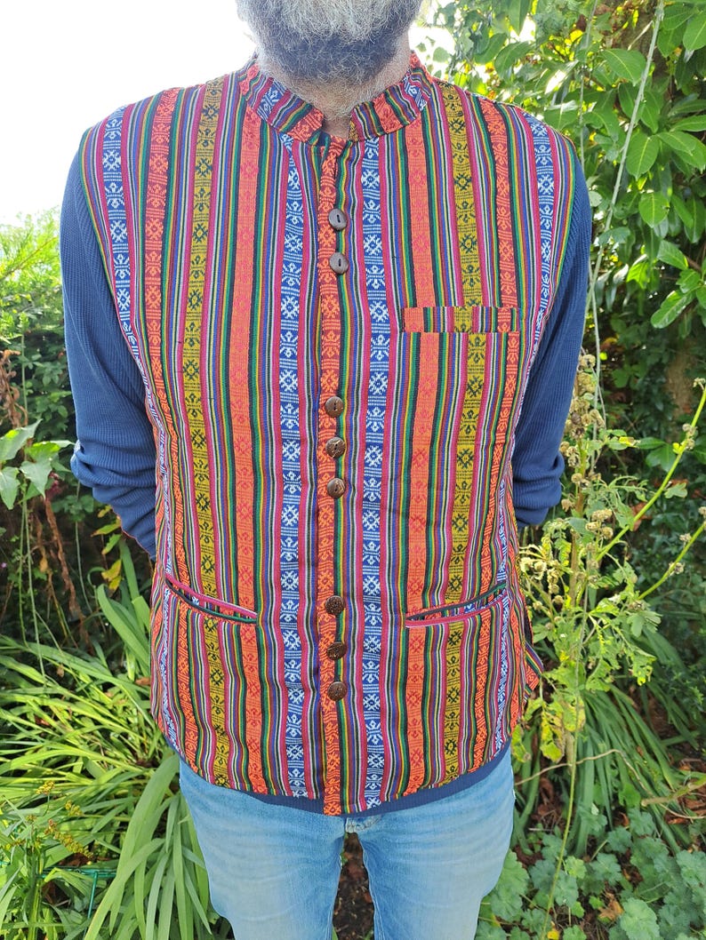 Men's Colourful Stripe Nehru Collar Waistcoat, Vest Mandarin Hipster ...