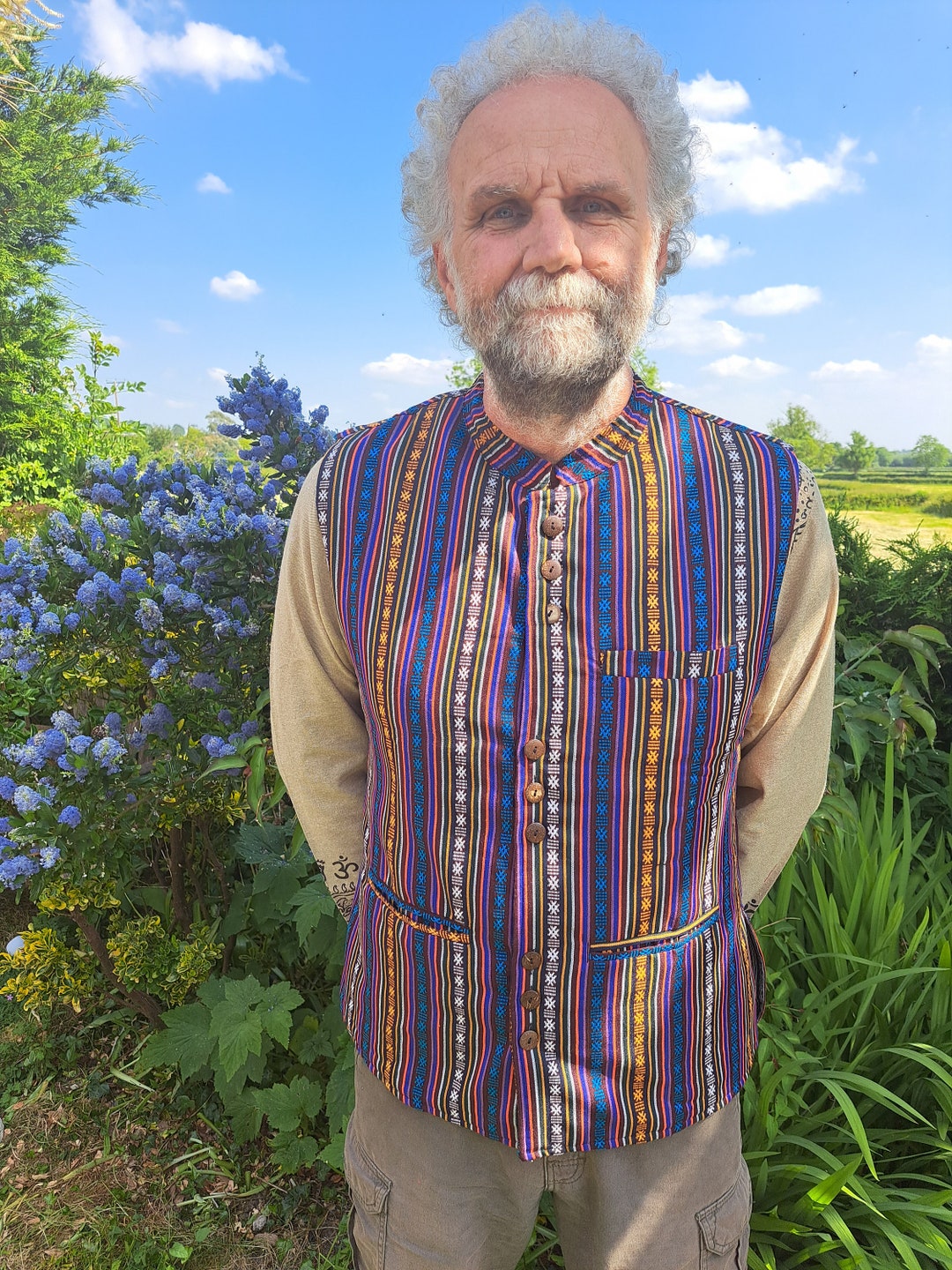 Men's Colourful Stripe Nehru Collar Waistcoat, Vest Mandarin Hipster ...
