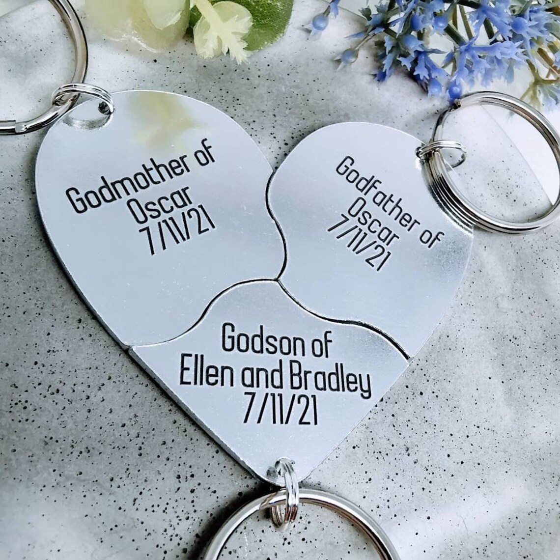 Godparents Gift Set 3 Heart Puzzle Keychains Christening - Etsy