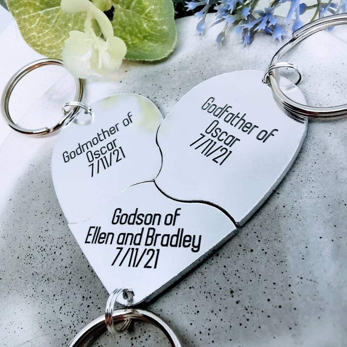 Godparents Gift Set 3 Heart Puzzle Keychains Christening - Etsy