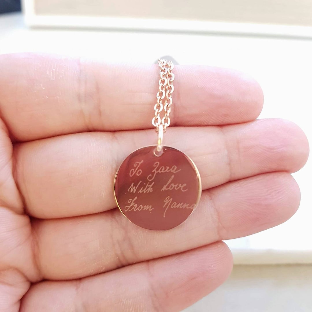 Handwriting Necklace, Rose Gold Engraved Pendant, Custom Engraving ...
