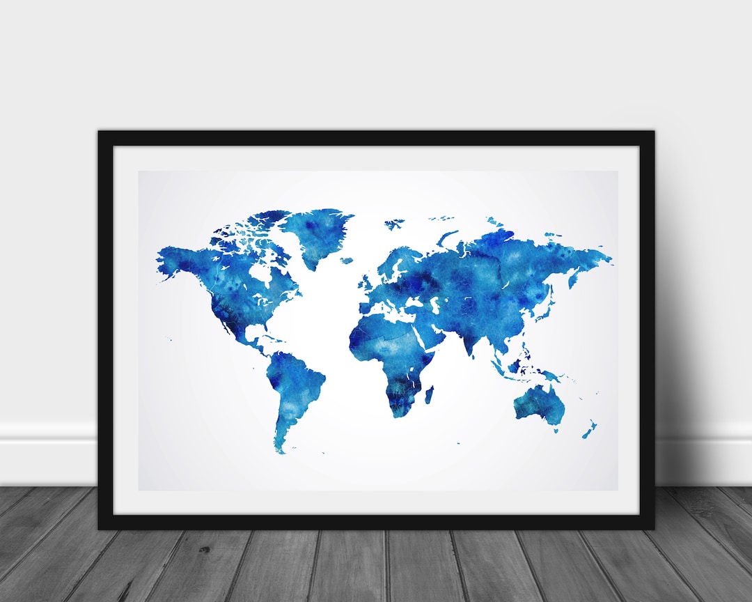 Printable Blue World Map, Dark Navy Royal Blue Watercolour Map Print ...