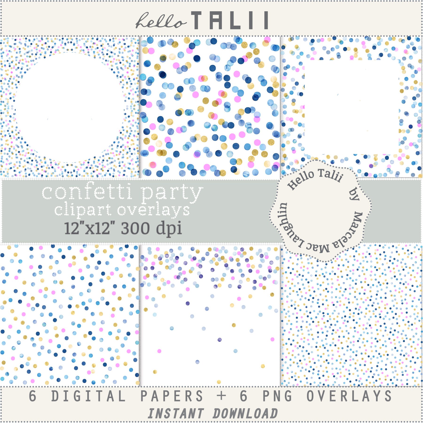 BLUE Watercolor GOLD and PINK Polka Dots Clipart Overlays 6 | Etsy