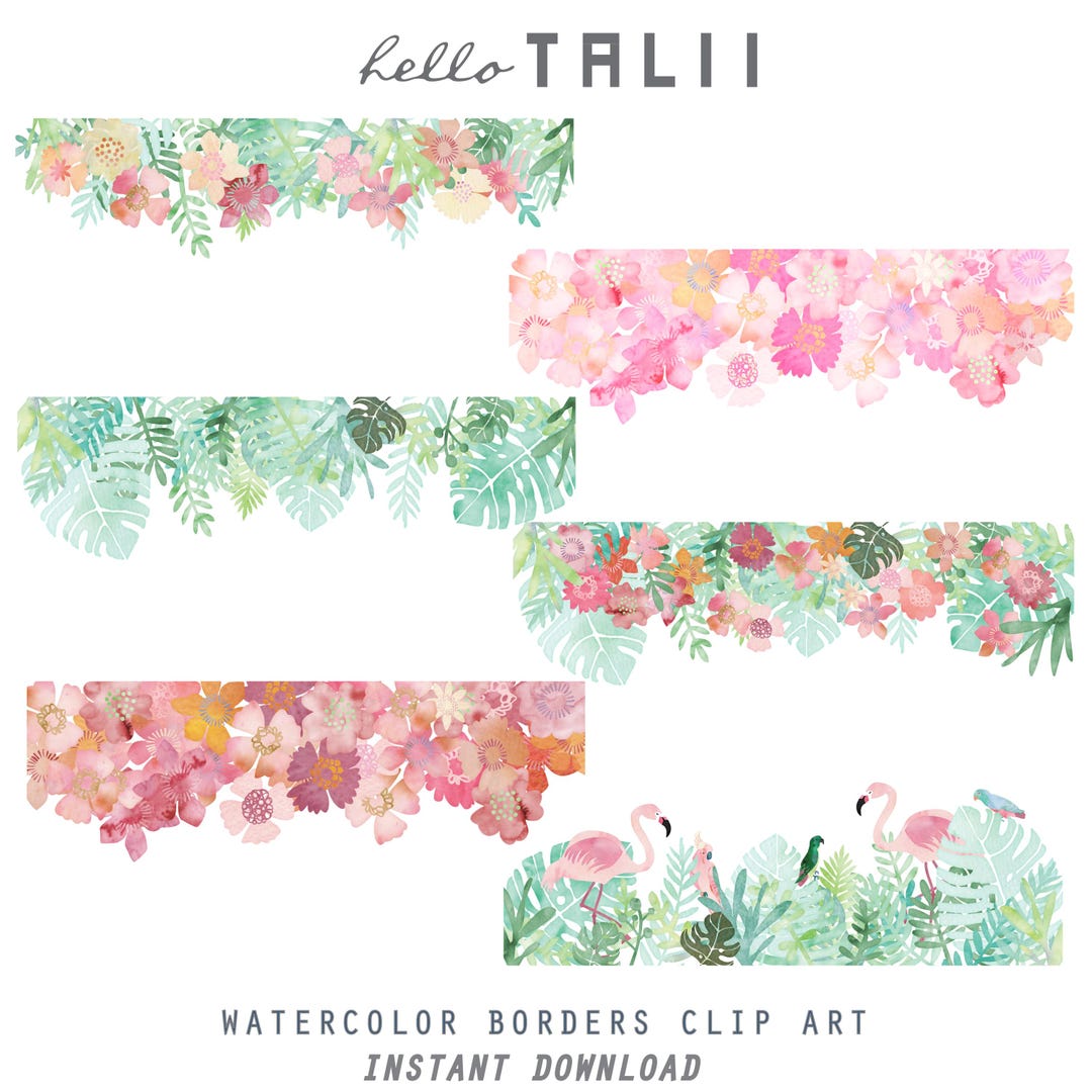 Watercolor Flower BORDERS Clip Art- 6 Digital Borders Tropical Summer ...