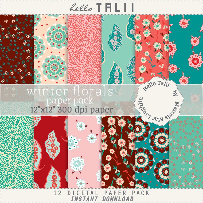 Winter Flowers Digital Paper WINTER FLORALS Patterns | Etsy