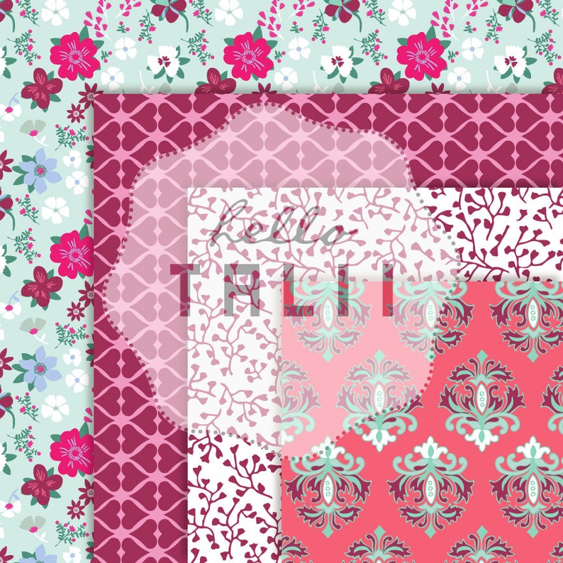 Pink and Mint Digital Paper- Floral and Paisley Patterns- Red Green ...