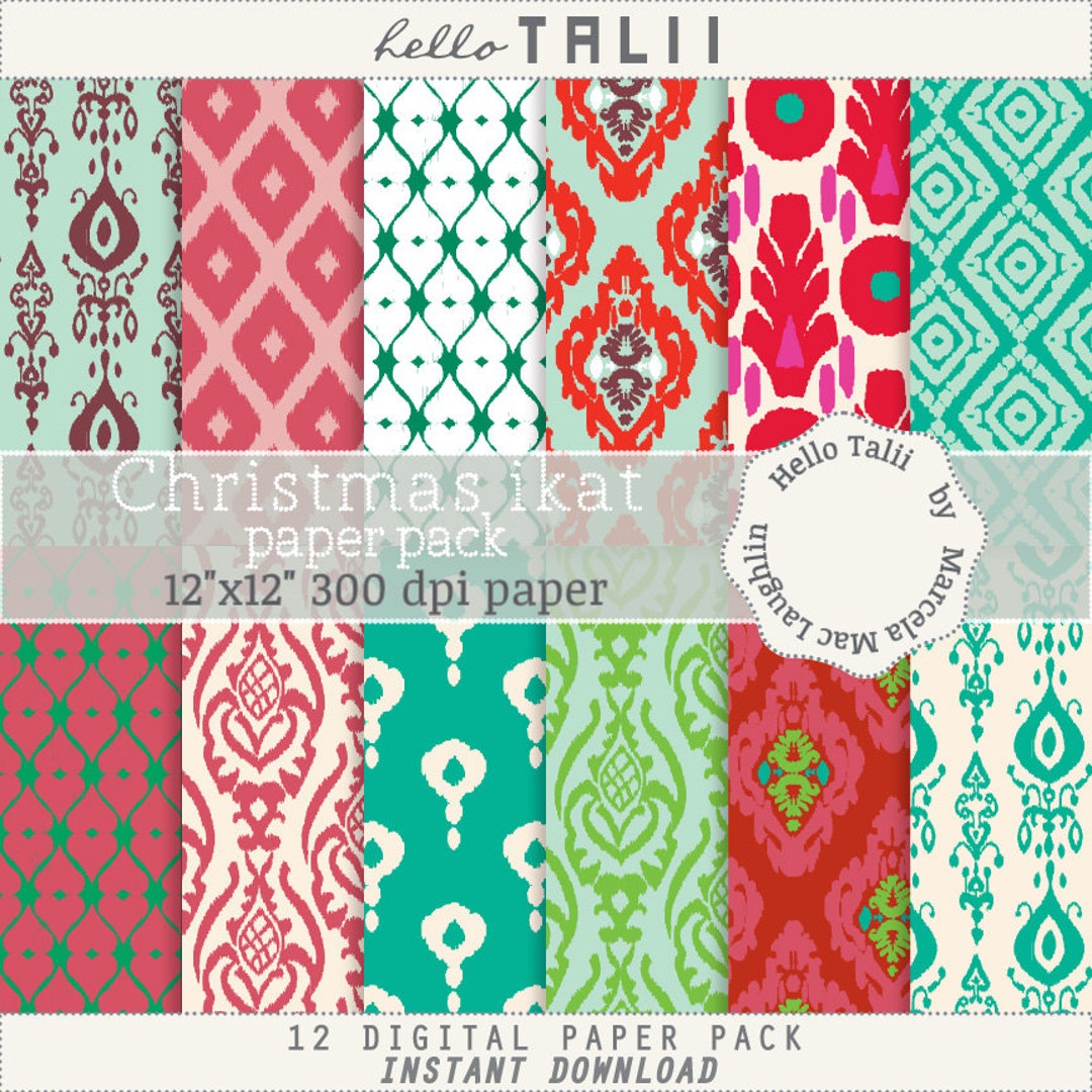 Ikat Digital Paper CHRISTMAS IKAT Patterns- Digital Ikat Teal Green and ...
