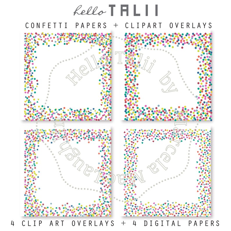 Confetti FRAMES Clipart Overlays + Digital Papers- RAINBOW Hearts Stars ...