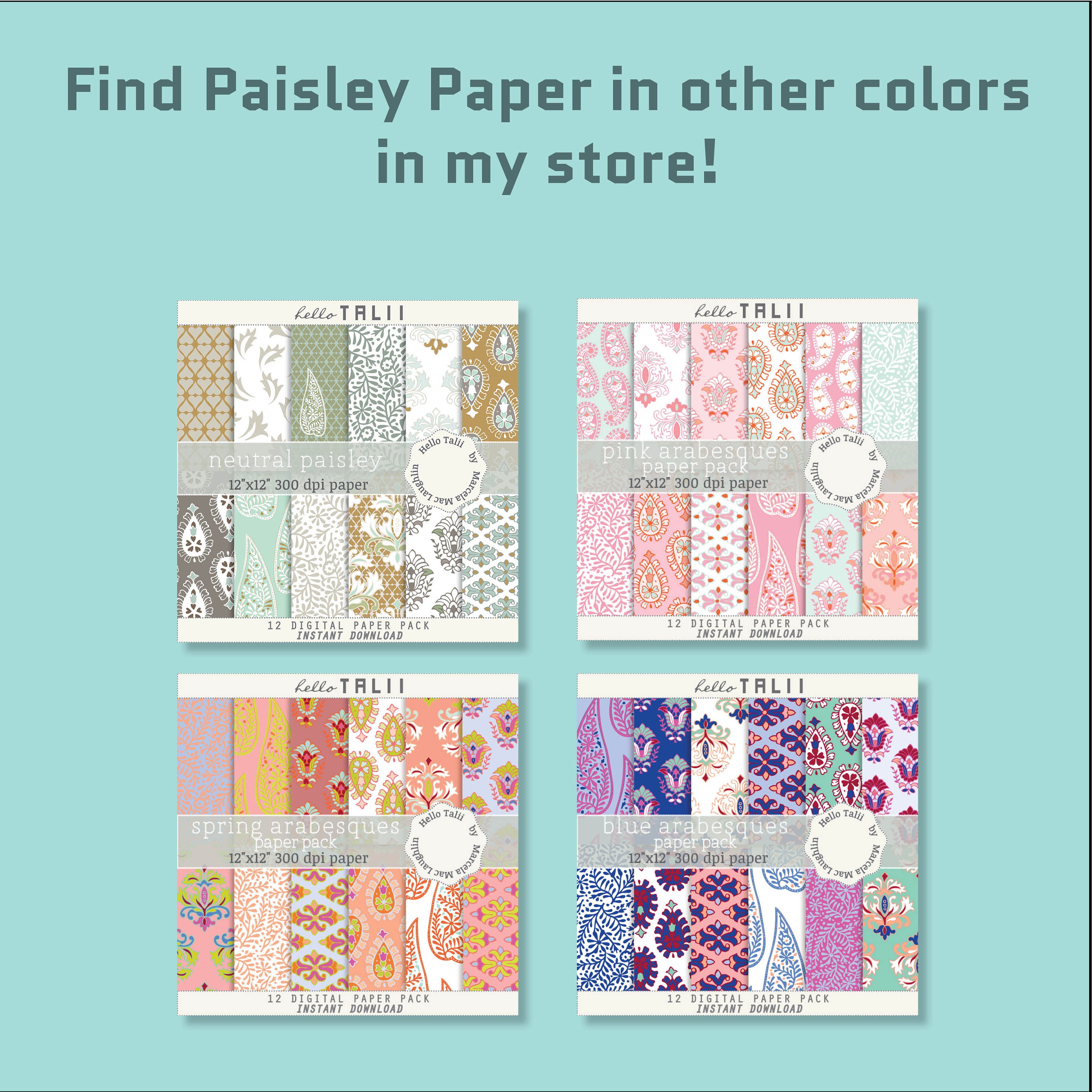 PINK PAISLEY Digital Paper- Pink Arabesques Digital Pink Aqua White ...