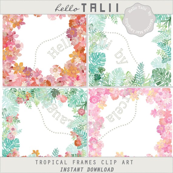 Watercolor Tropical Frames Clip Art Digital Papers Summer | Etsy