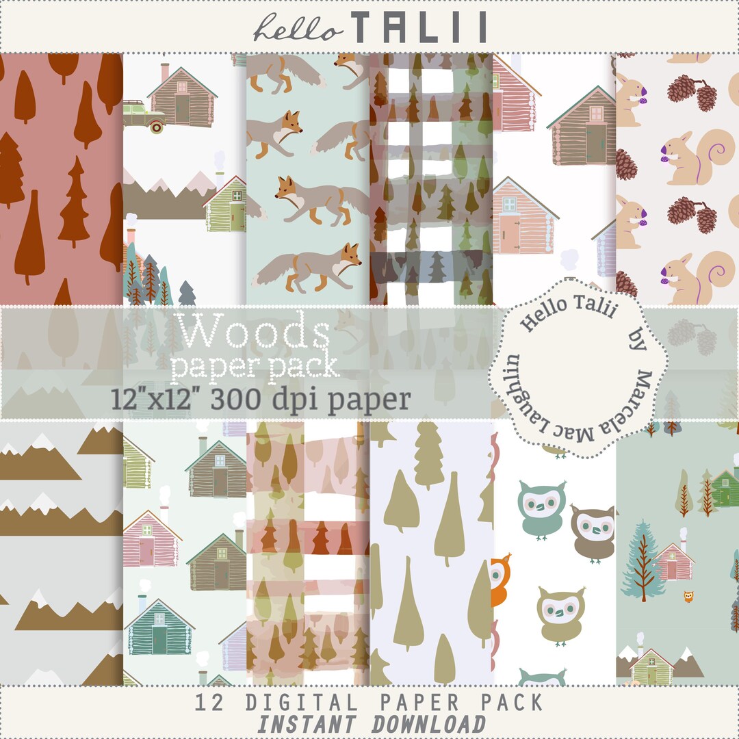 WOODS DIGITAL PAPER- Cabins in the Forest Mountains Backgrounds Foxes ...
