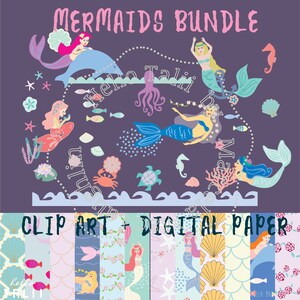 MERMAIDS BUNDLE Clip Art Digital Paper Graphics Little Mermaid ...