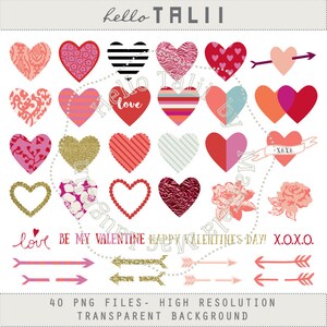 Hearts Clipart VALENTINES DAY Digital Hearts Arrows Flowers in Gold Red ...