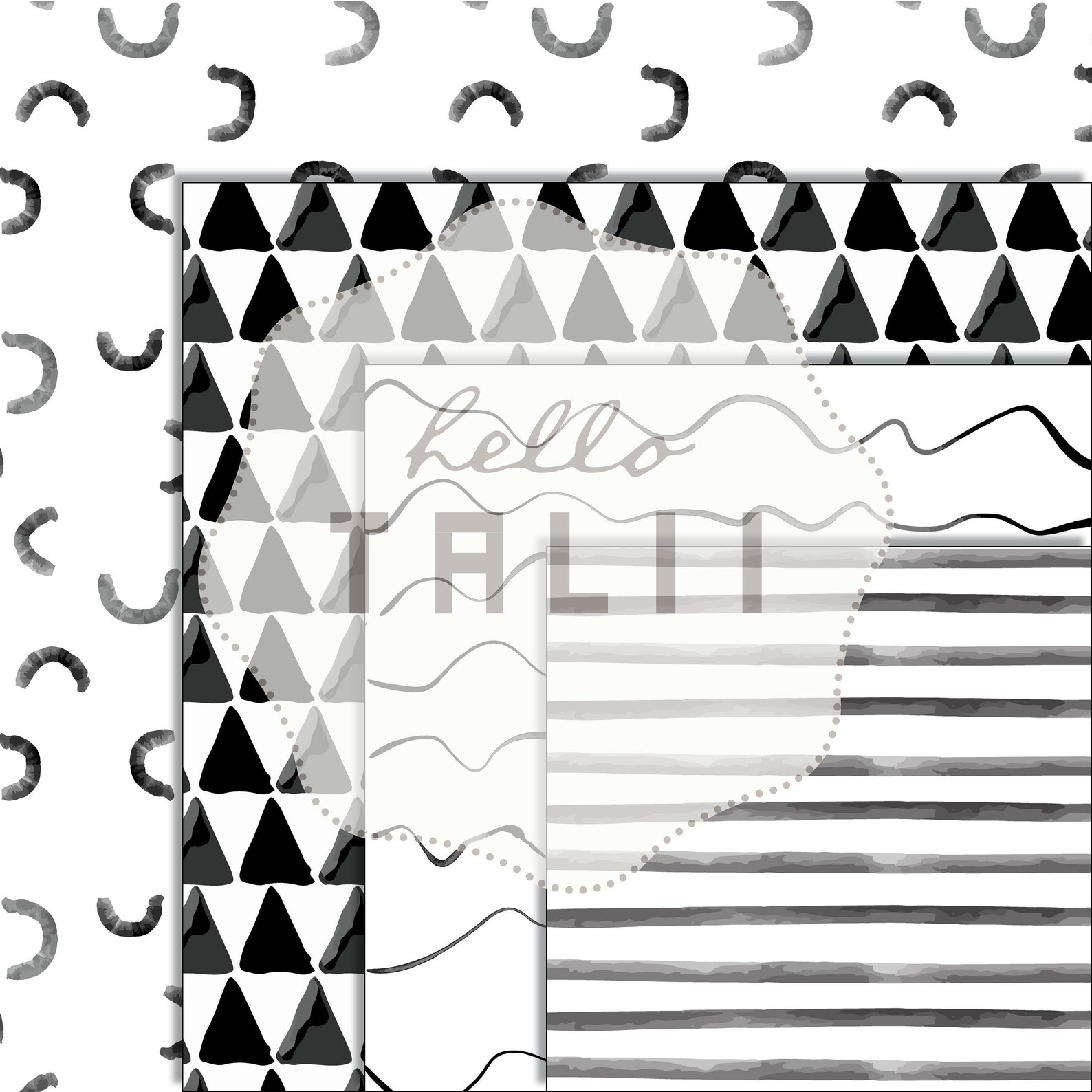 WATERCOLOR BLACK and WHITE Digital Paper Handpainted Doodles - Etsy