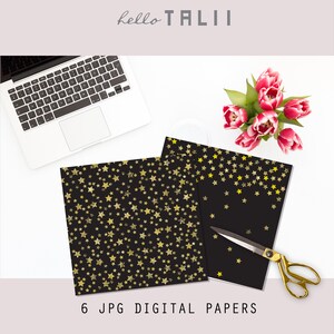 STARS Digital Papers Golden Glitter Confetti Stars on BLACK Background ...