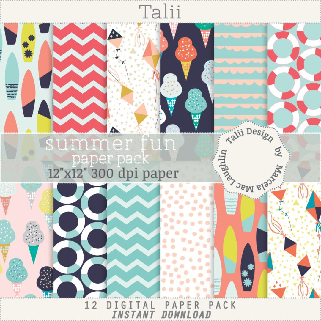 Summer Digital Paper SUMMER Fun Patterns- Surfboards Ice Cream Cones ...