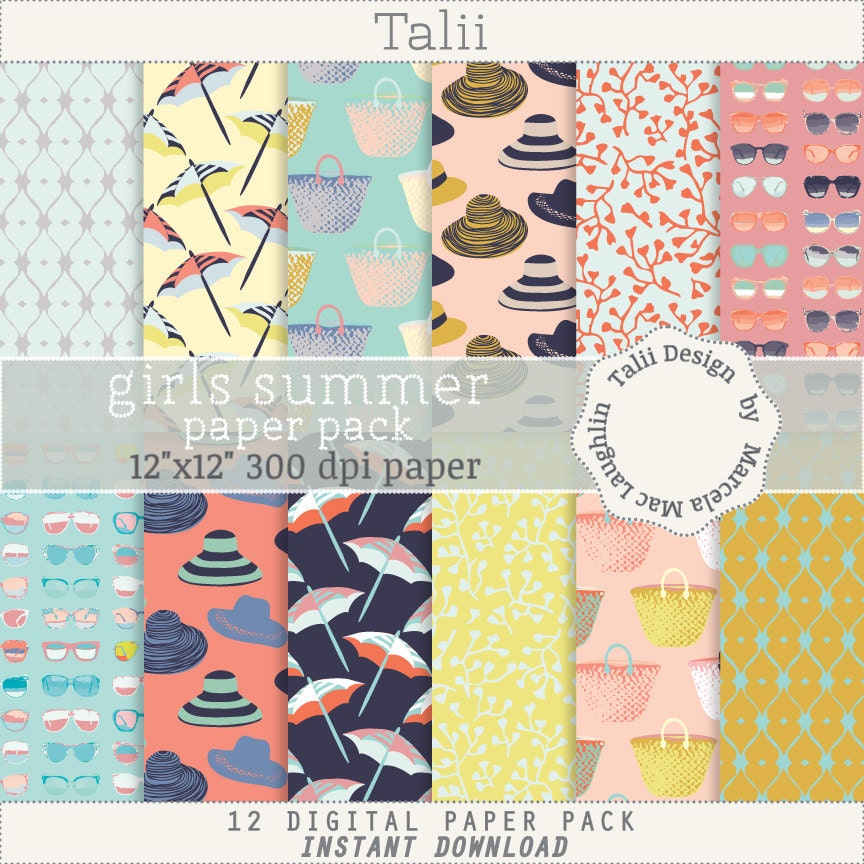 Summer Digital Paper GIRLS SUMMER Sunglasses Straw Beach | Etsy