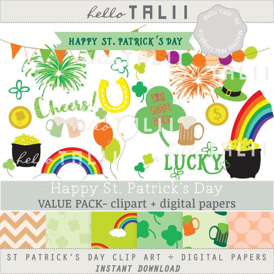 ST PATRICK'S Day BUNDLE Clipart + Digital Papers- Happy St Pat's Day ...