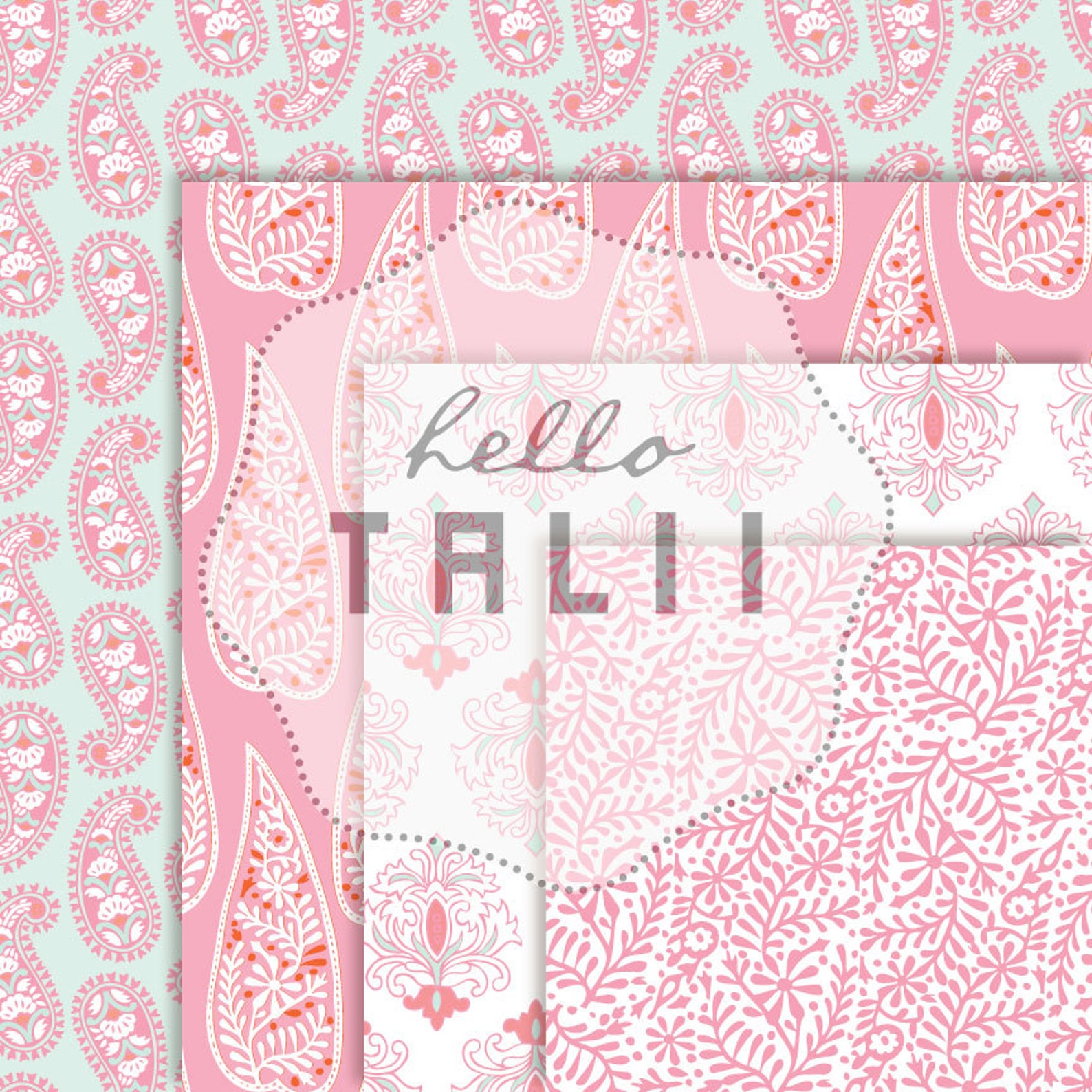 PINK PAISLEY Digital Paper- Pink Arabesques Digital Pink Aqua White ...
