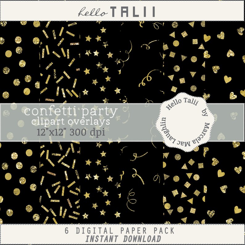 Black and Gold CONFETTI Digital Papers Glitter Confetti Party | Etsy