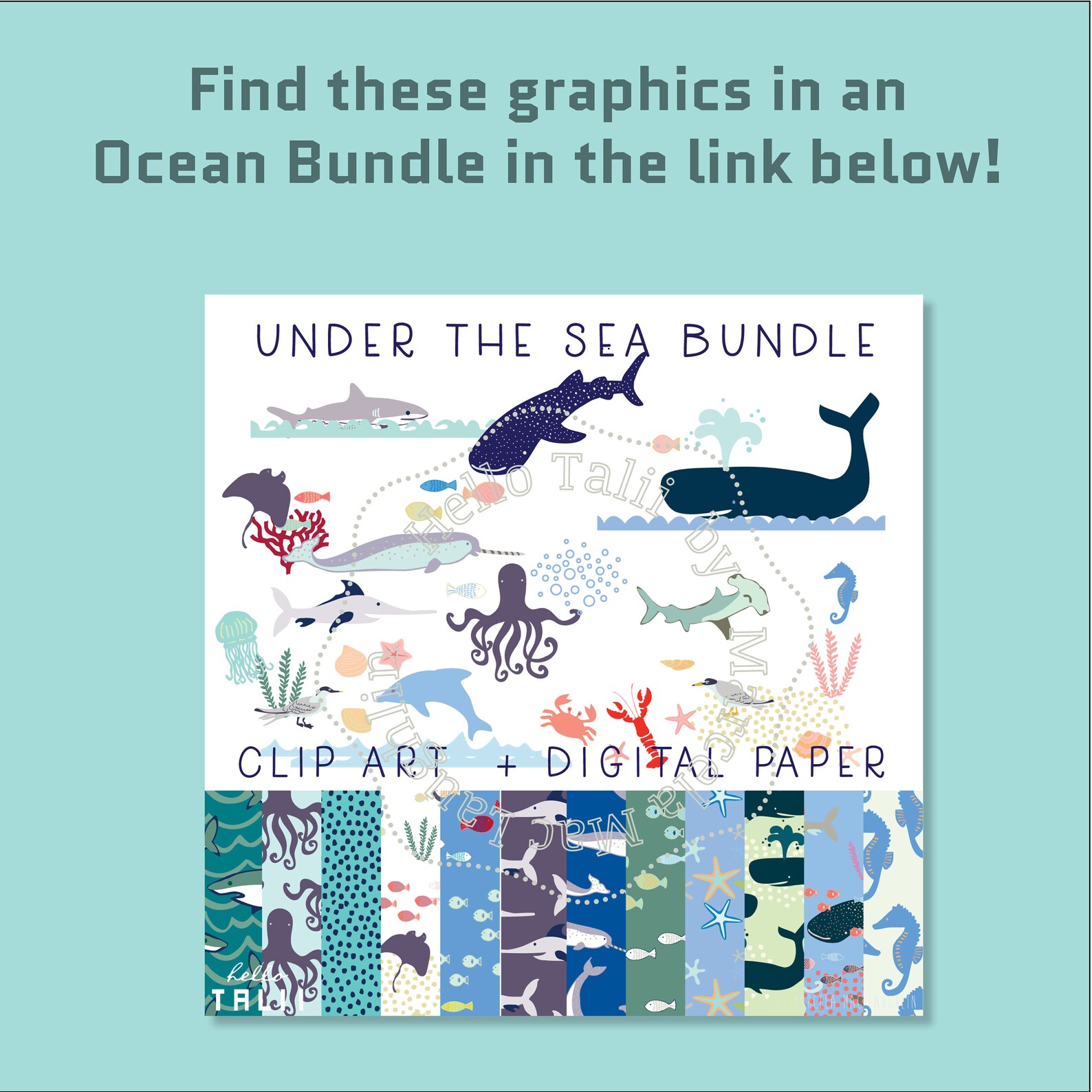 OCEAN CLIPART Sea Life Digital Clipart Shark Whale Narwhal | Etsy