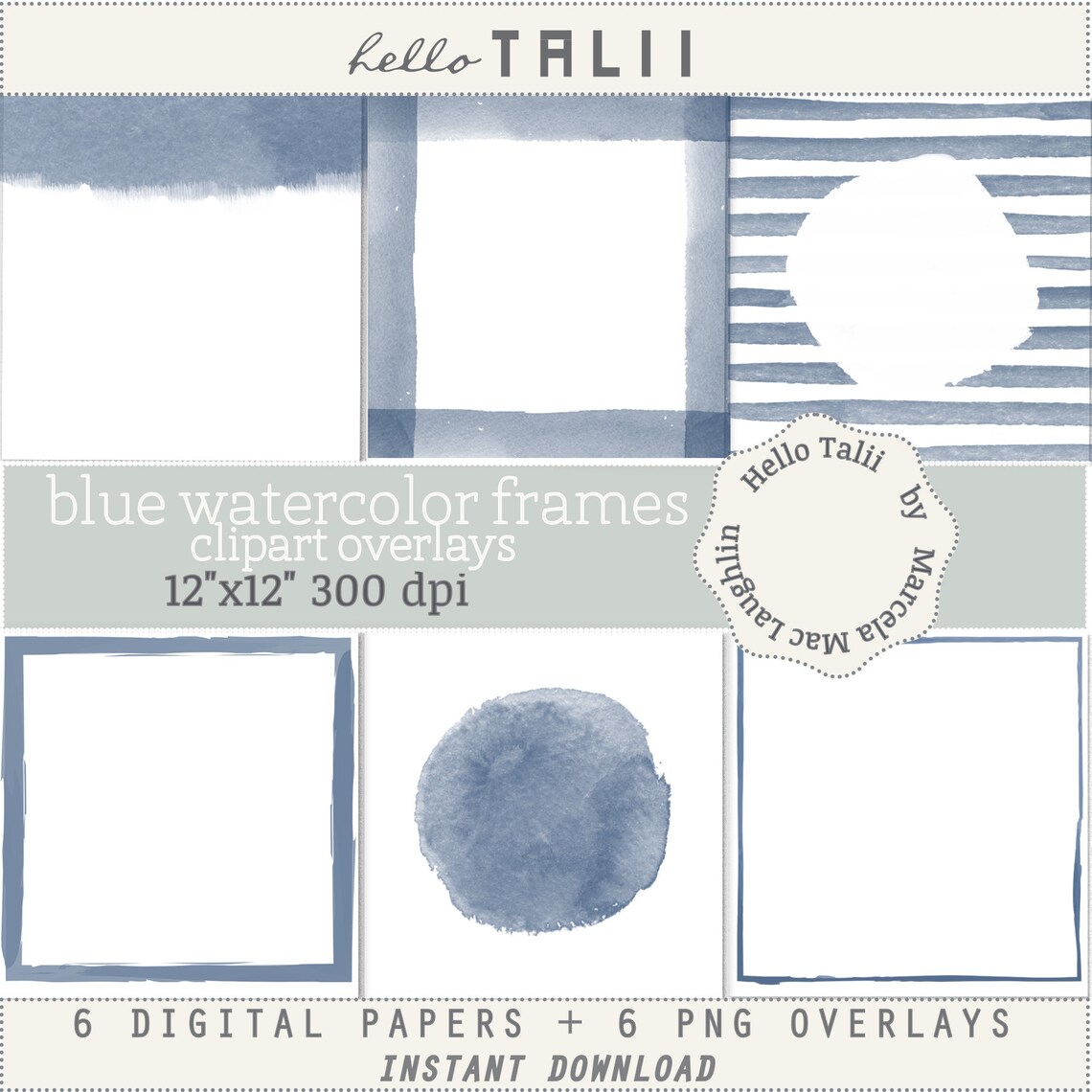 BLUE WATERCOLOR Clipart Overlays- Navy Blue Transparent Overlays ...