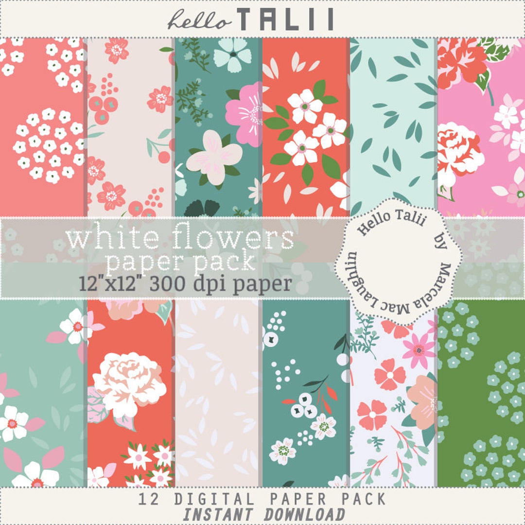 CORAL and WHITE Flowers DIGITAL Paper- Coral Pink Mint Floral Patterns ...