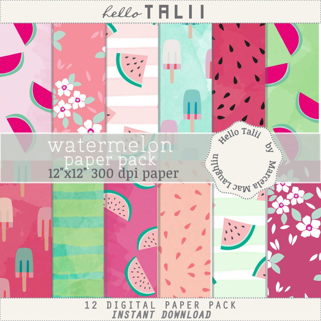 WATERMELON Digital Paper- Watermelons in Pink Green Coral Watercolor ...